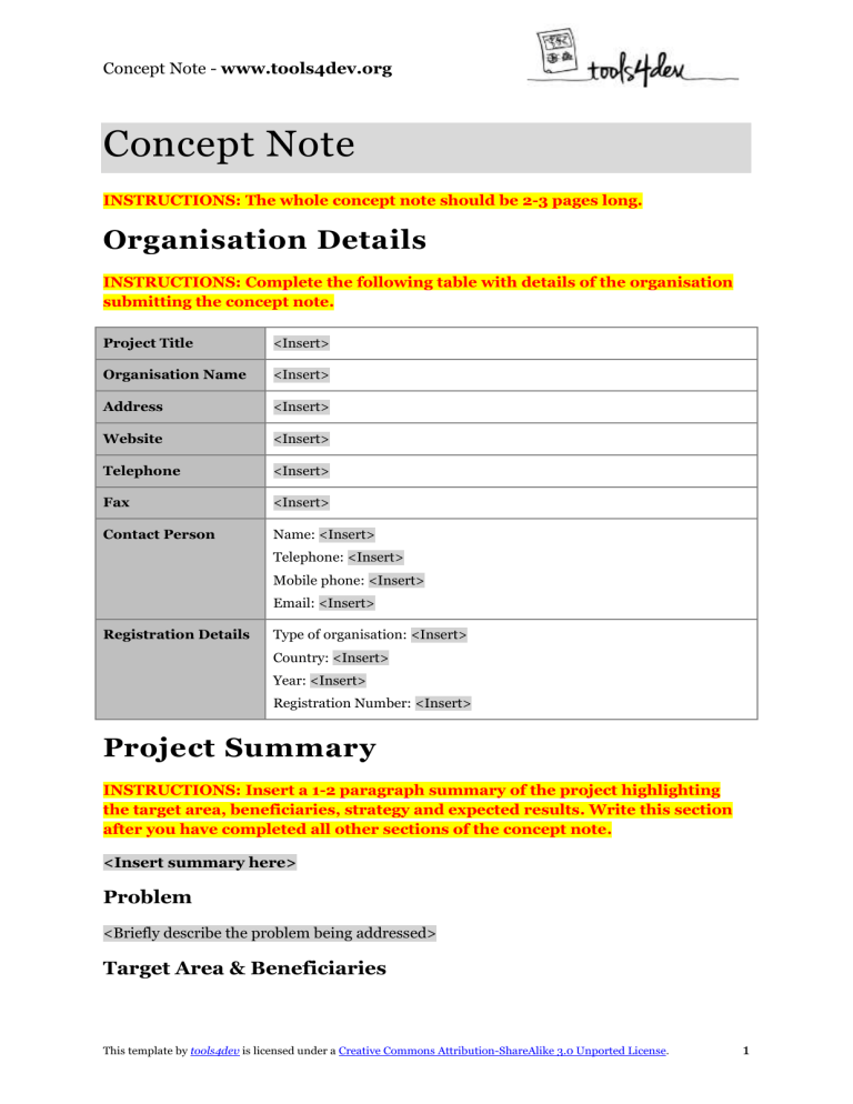 Concept Note Template for Project Proposals