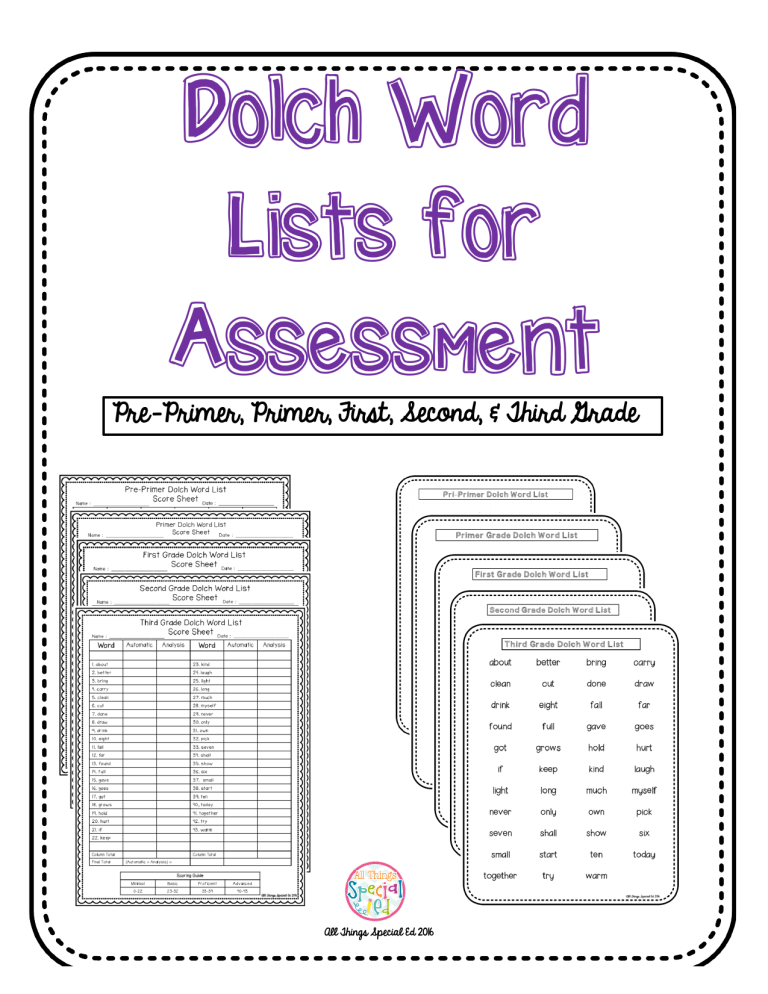 Dolch Word List Assessment: Pre-Primer to 3rd Grade