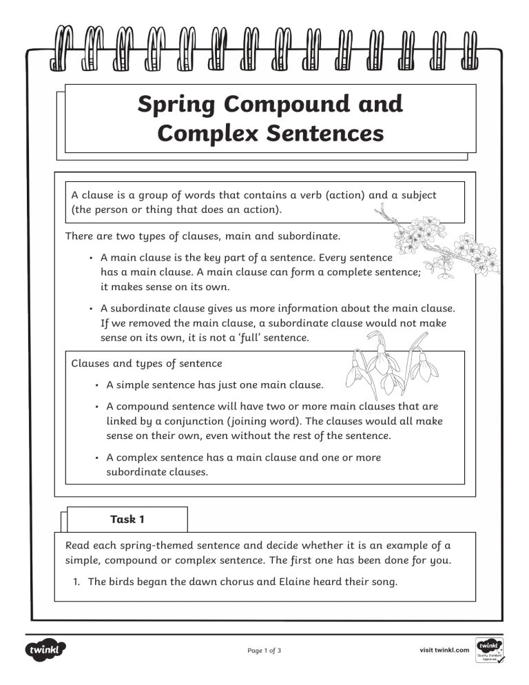 Spring Compound & Complex Sentences Worksheet