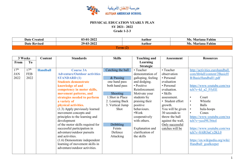 Physical Education Yearly Plan Grades 1-3