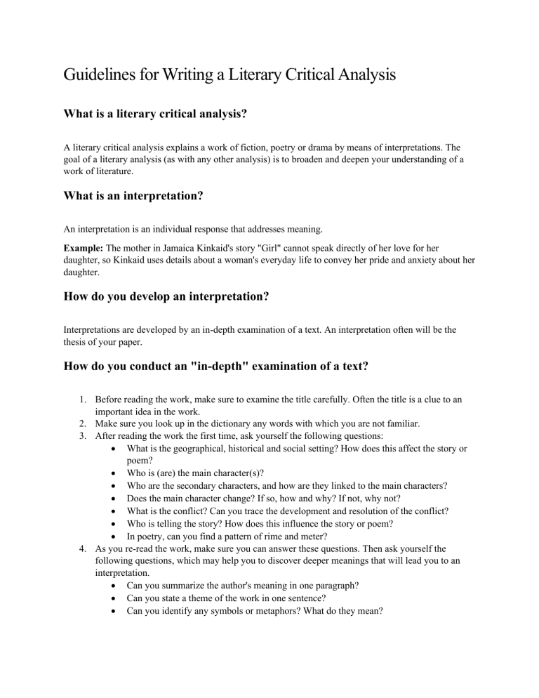 Literary Analysis Guidelines: Writing a Critical Essay