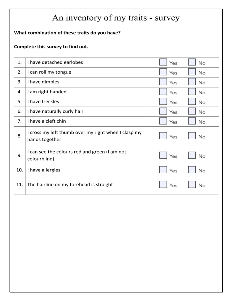 Human Traits Survey: Class Inventory