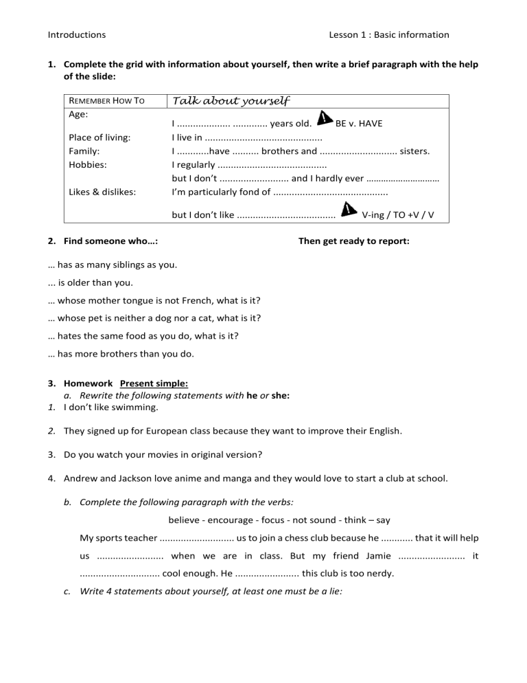 English Self-Introduction & Present Simple Worksheet