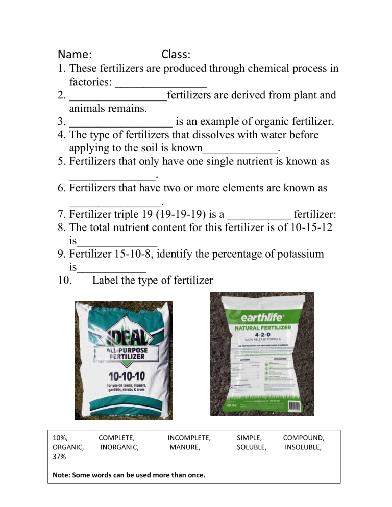 Fertilizer Worksheet: Types, Nutrients, and Properties