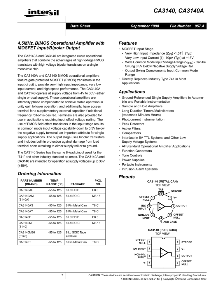 CA3140/CA3140A BiMOS Op Amp Datasheet