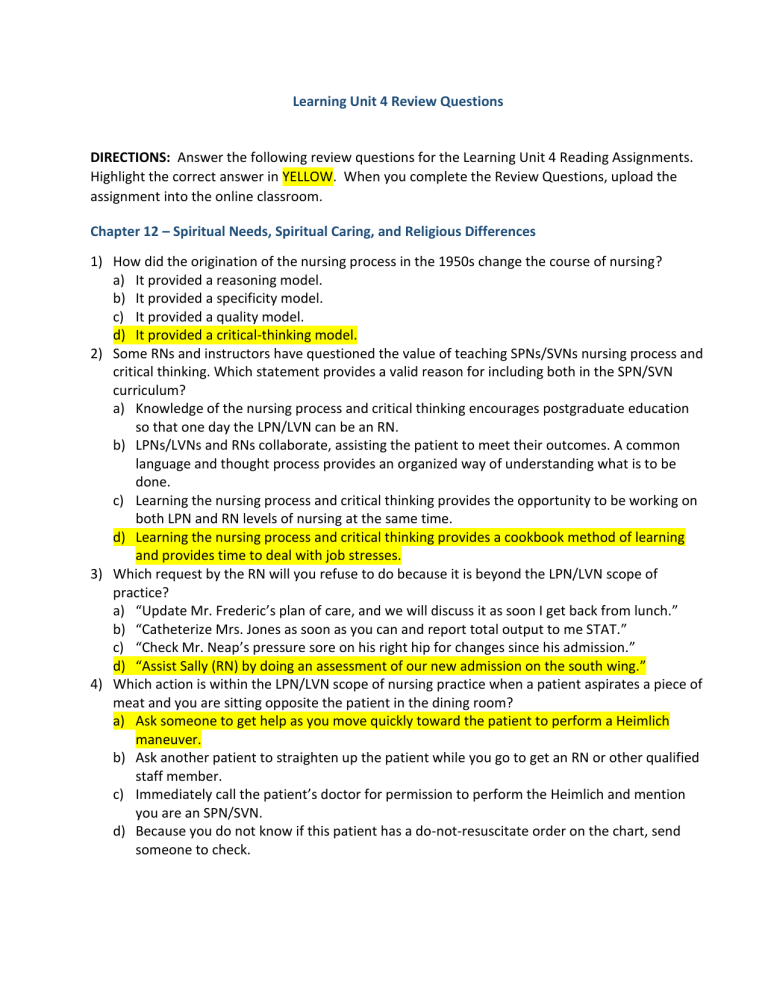 Nursing Review Questions: Unit 4