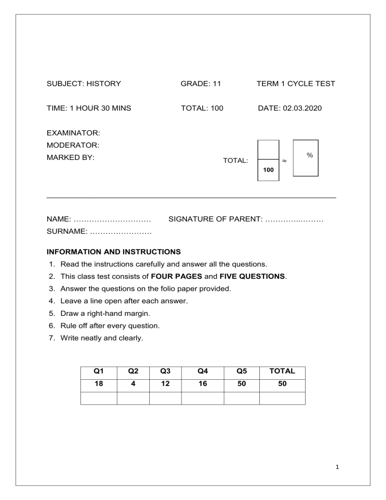 Grade 11 History Exam: Russian Revolution
