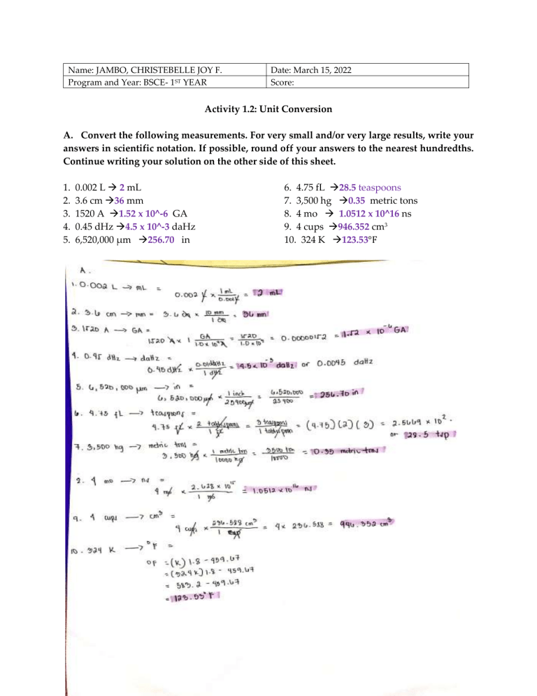 Unit Conversion Worksheet: Physics Practice