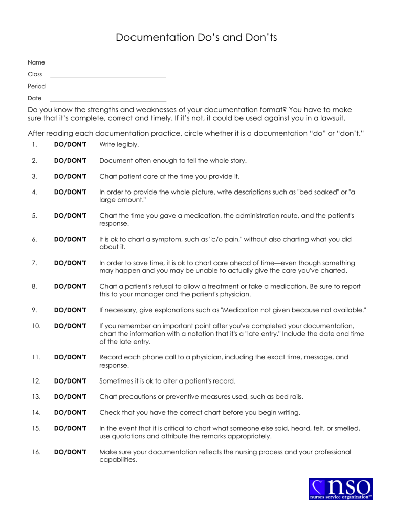 Documentation Do's and Don'ts Worksheet
