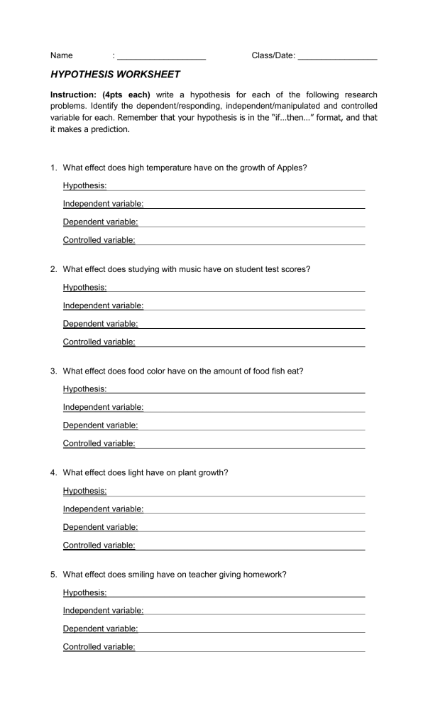 Hypothesis Worksheet: Science Experiment Variables