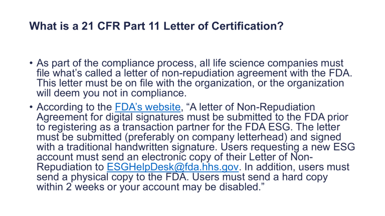 21 CFR Part 11 Letter of Certification: FDA Compliance