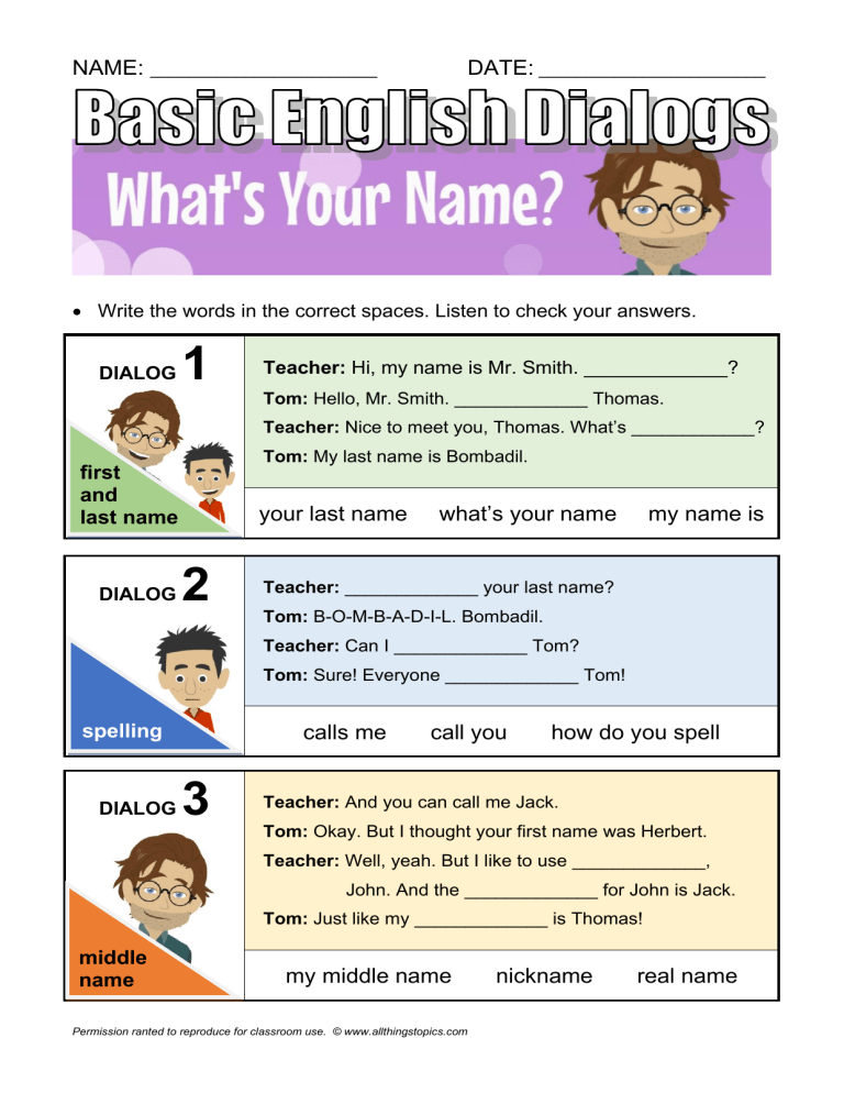 Basic English Dialogues: What's Your Name? Worksheet