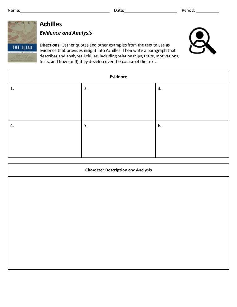 Iliad Character Analysis Worksheet