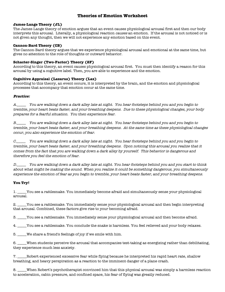 Emotion Theories Worksheet: James-Lange, Cannon-Bard