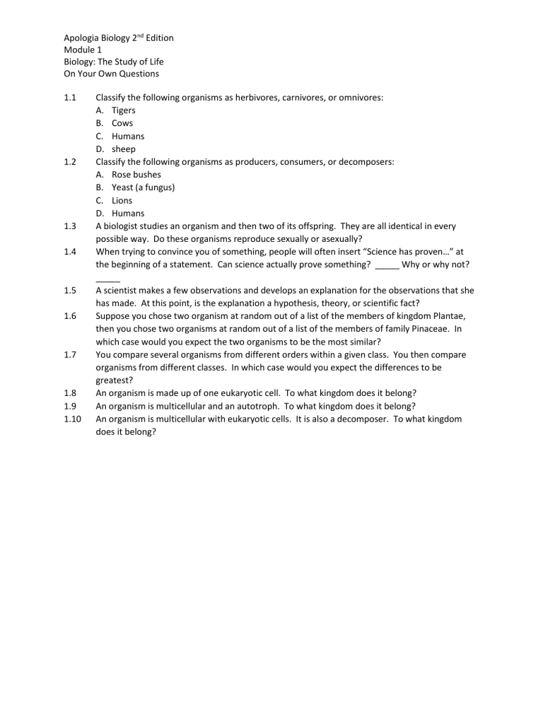 Biology Worksheet: Classification & Scientific Method