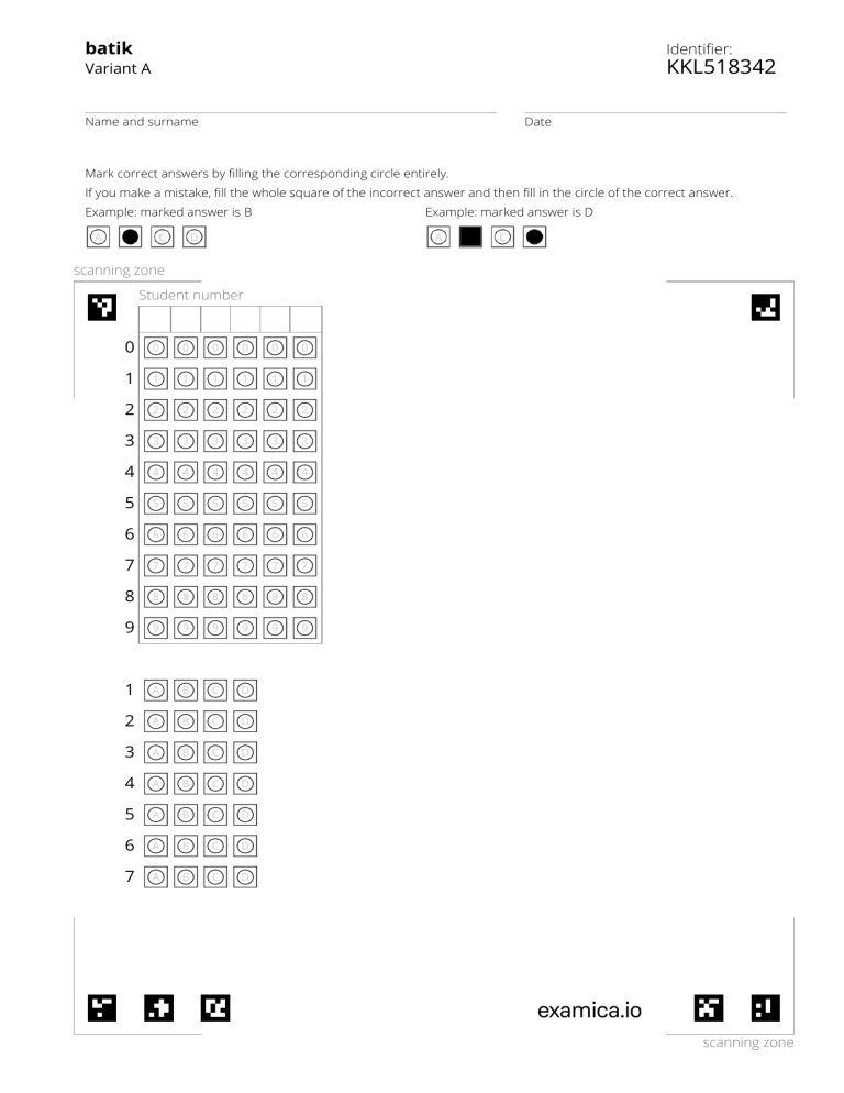 Test Sheet Template - Multiple Choice Exam