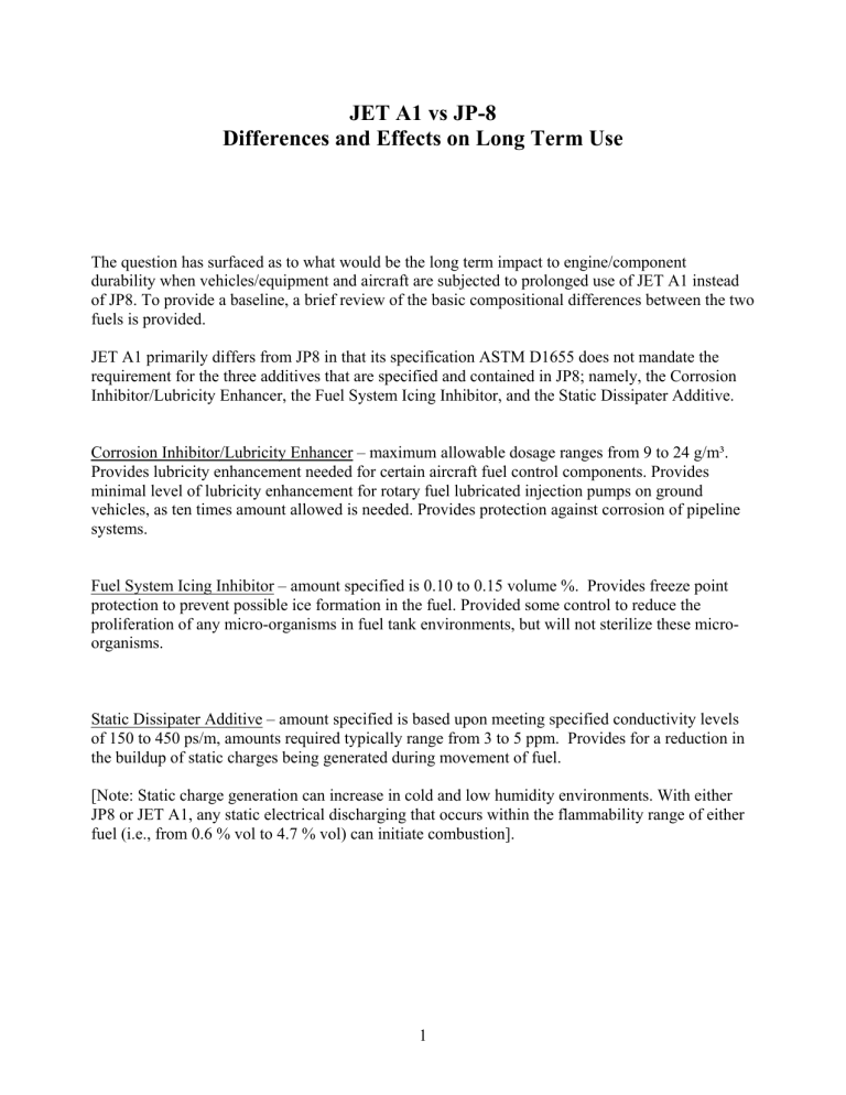 JET A1 vs JP-8 Fuel Comparison & Long-Term Effects