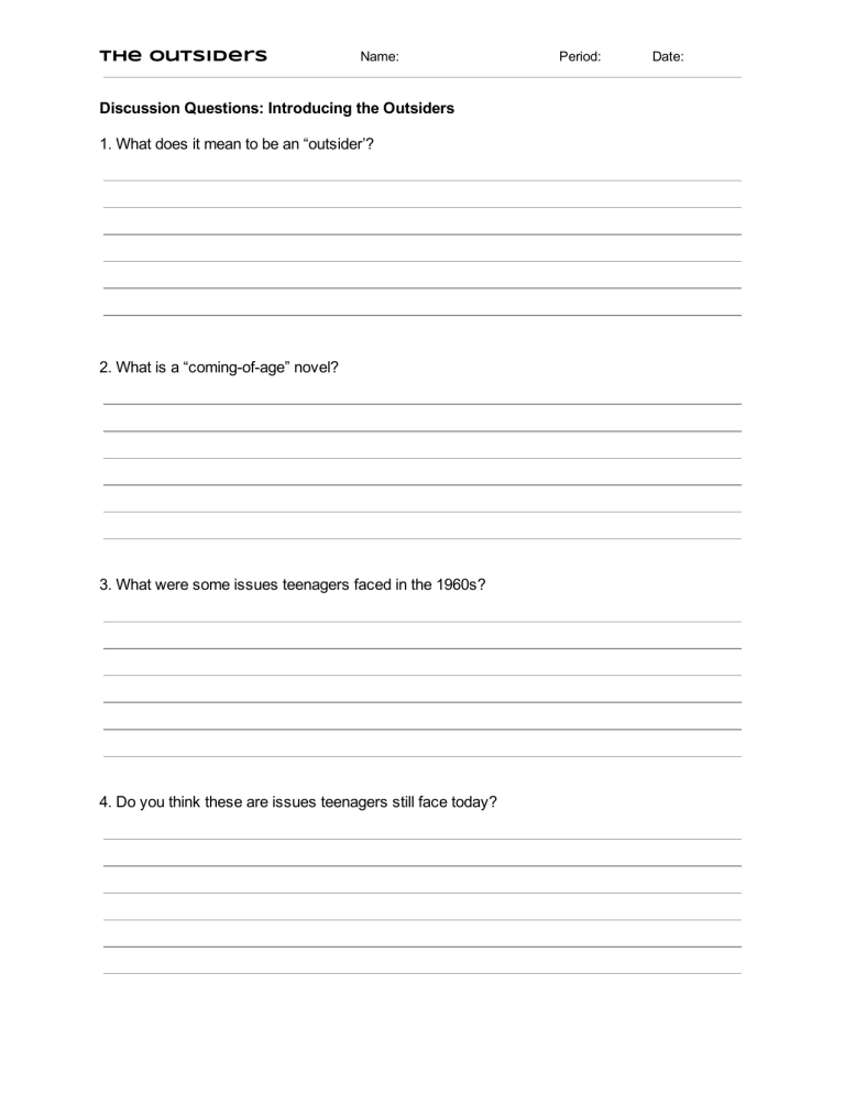 The Outsiders Discussion Questions Worksheet