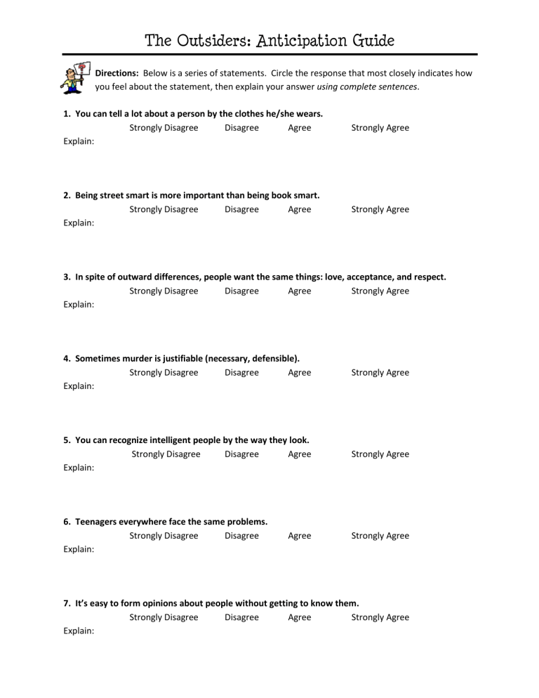 The Outsiders Anticipation Guide Worksheet