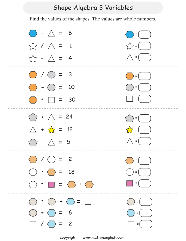 Shape Algebra Worksheet: 3 Variables