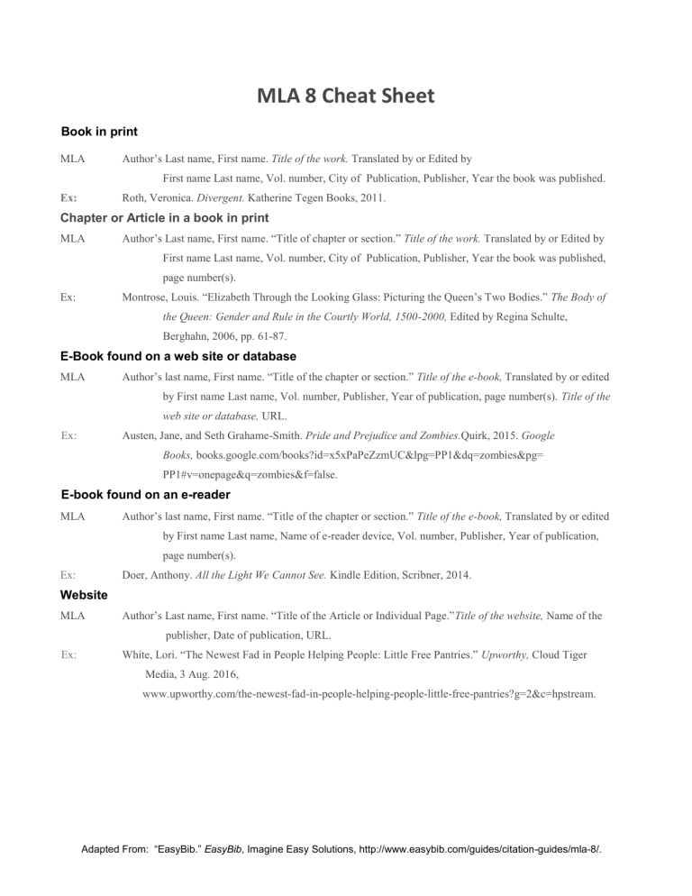 MLA 8 Citation Cheat Sheet