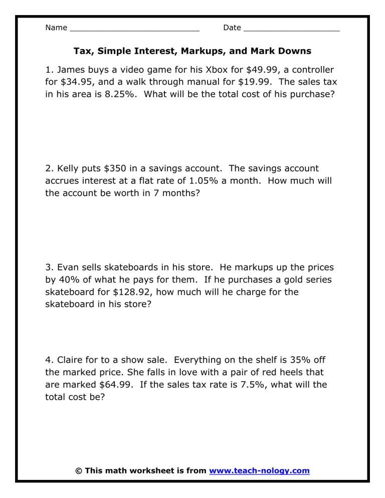 Tax, Interest, Markup, Markdown Math Worksheet
