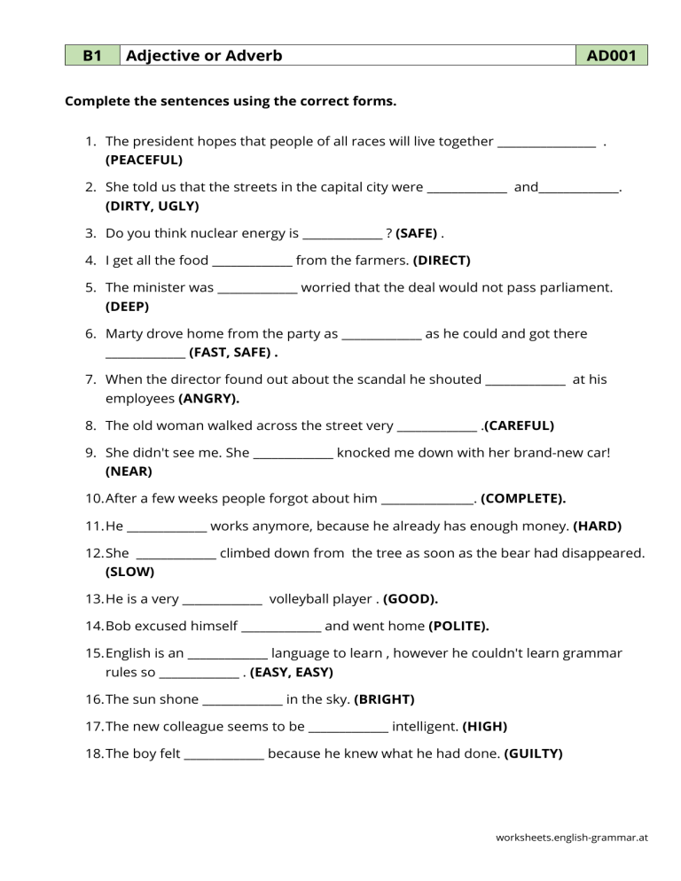 Adjective and Adverb Worksheet