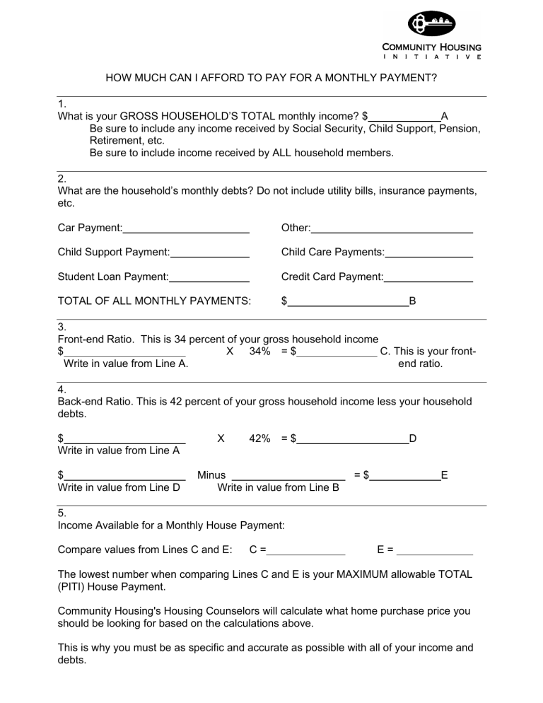 Affordable Housing Payment Worksheet