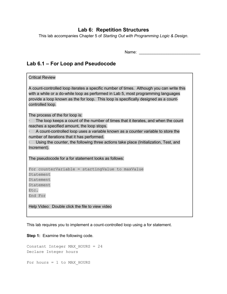 For Loops Lab: Repetition Structures in Programming