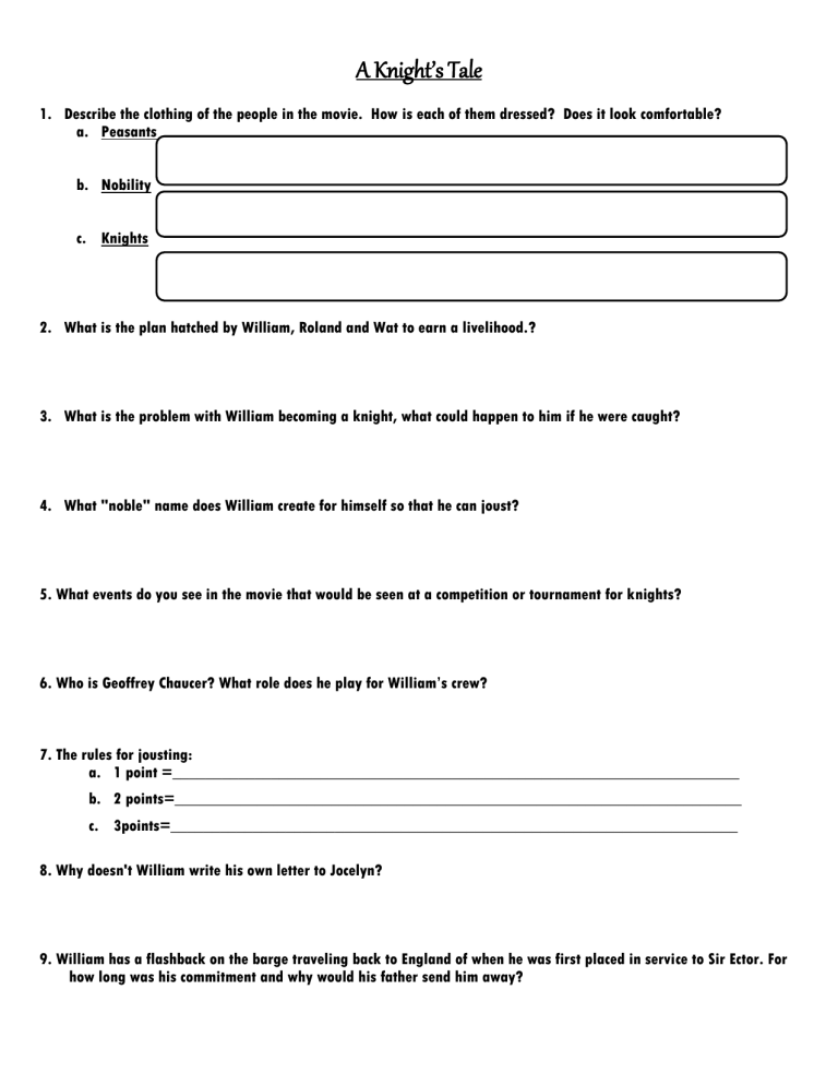 A Knight's Tale Movie Worksheet