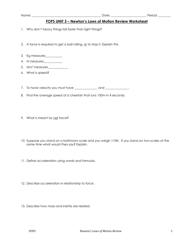 Newton's Laws of Motion Review Worksheet