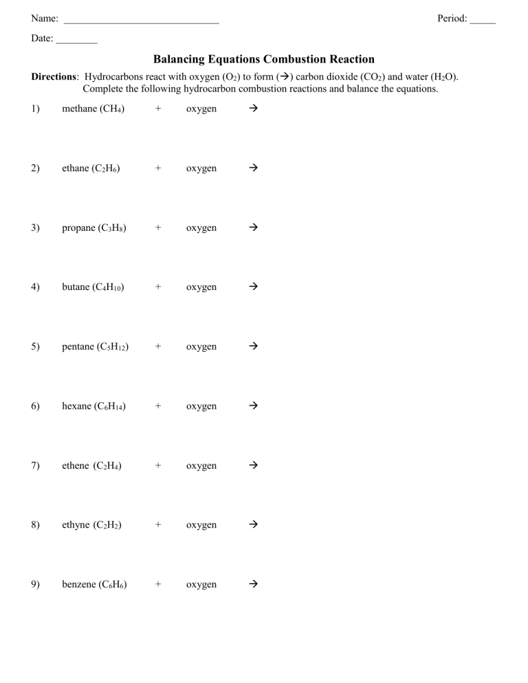 Balancing Combustion Equations Worksheet