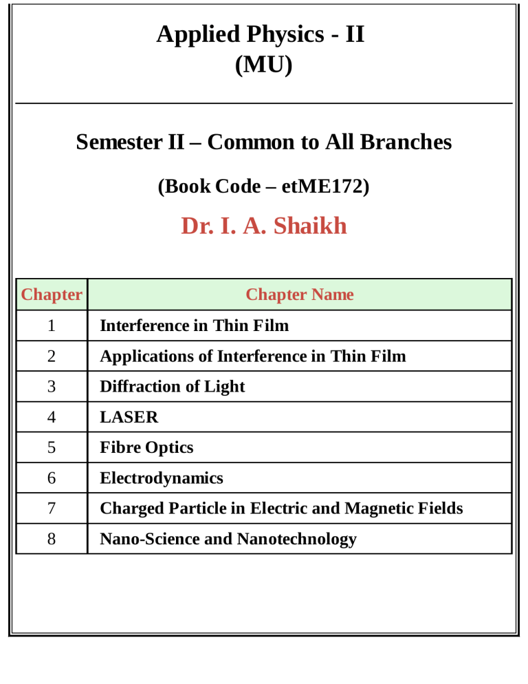 Applied Physics II: Interference, Diffraction, LASERs, Fiber Optics