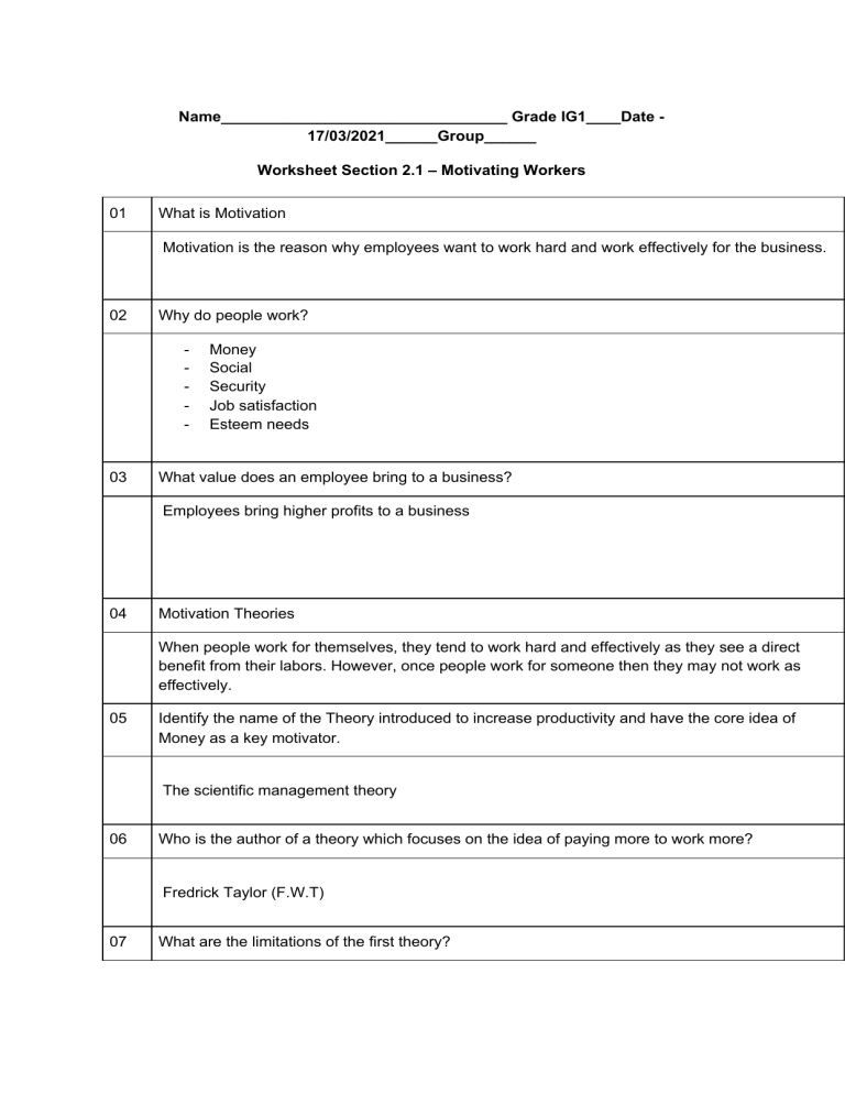 Motivation Theories Worksheet