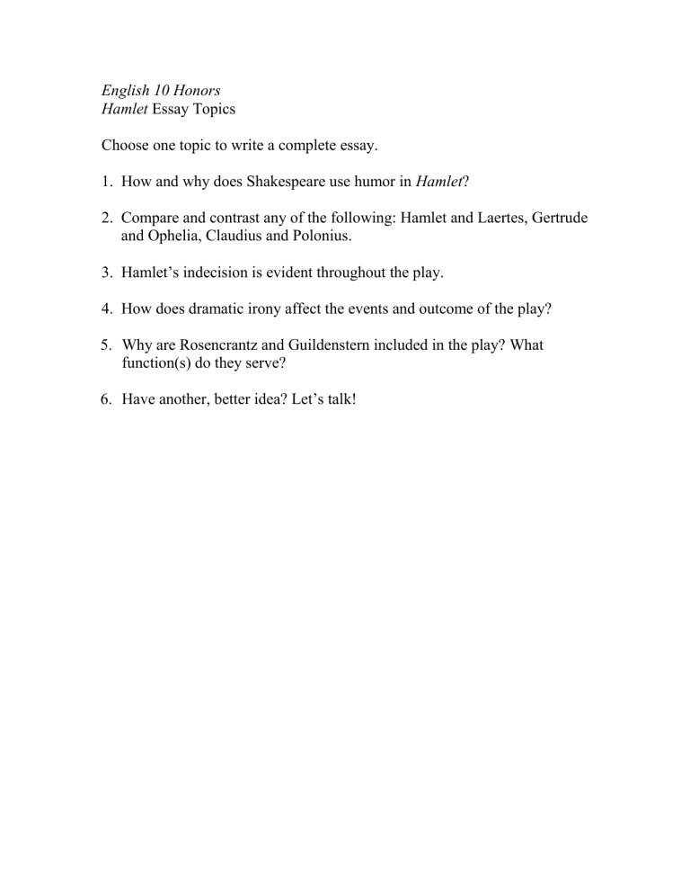 Hamlet Essay Topics for English 10 Honors