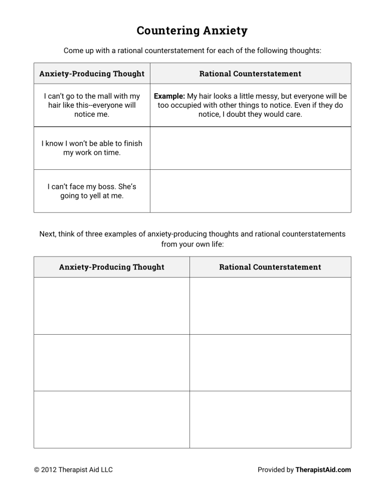 Countering Anxiety Worksheet