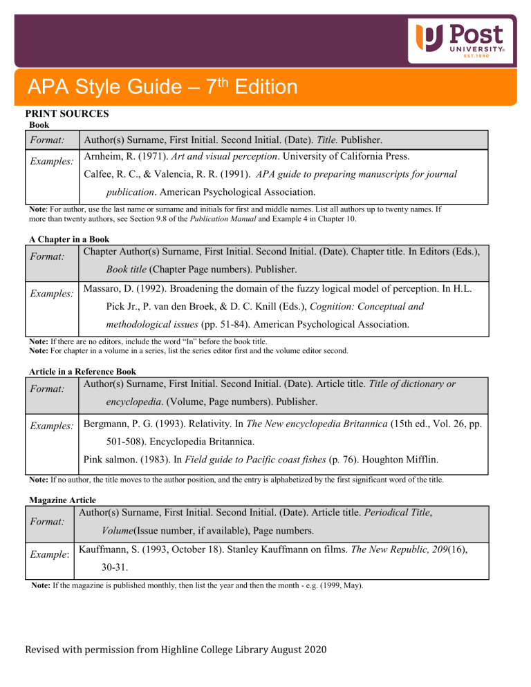 APA 7th Edition Style Guide: Citation Formats
