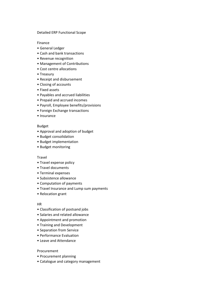 ERP Functional Scope: Finance, HR, Procurement, Budget, Travel