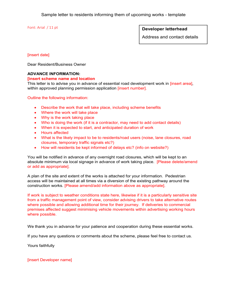 Resident Notification Template: Road Development Works
