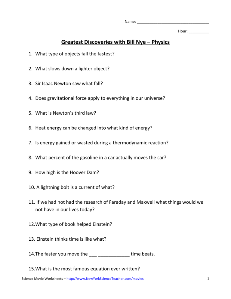 Bill Nye Physics Worksheet: Greatest Discoveries Questions