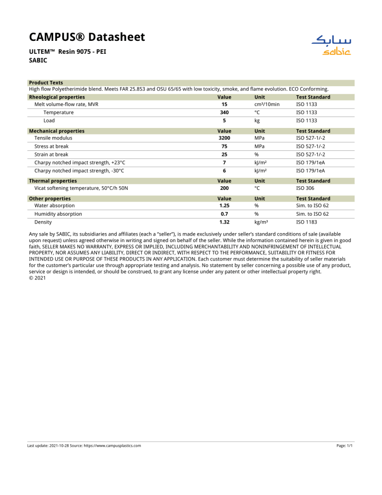 ULTEM™ 9075 Resin Datasheet: Properties & Specifications