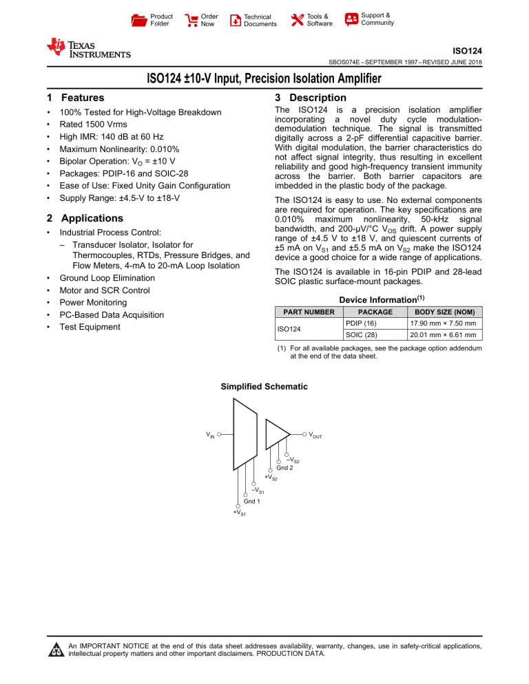 ISO124 Precision Isolation Amplifier Datasheet