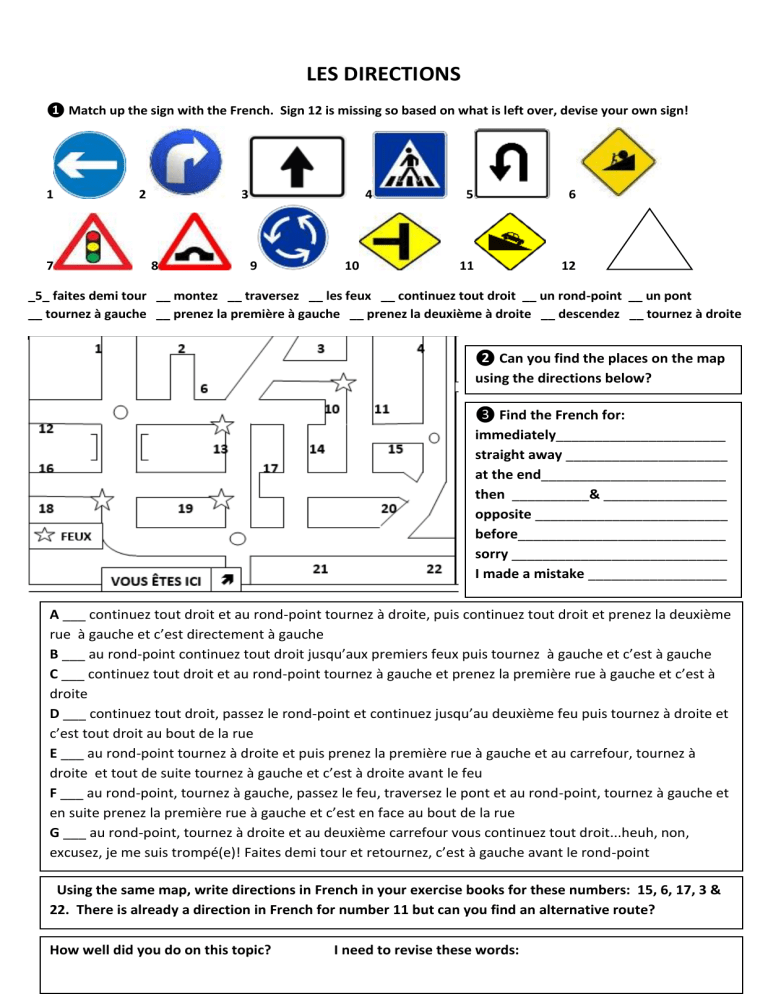 Fiche d'exercices Directions en français : Lecture de carte & Vocabulaire