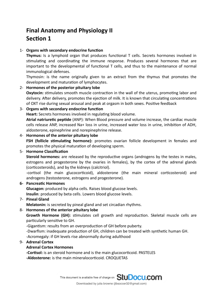 Anatomy & Physiology II Study Notes: Endocrine, Blood, Cardiac