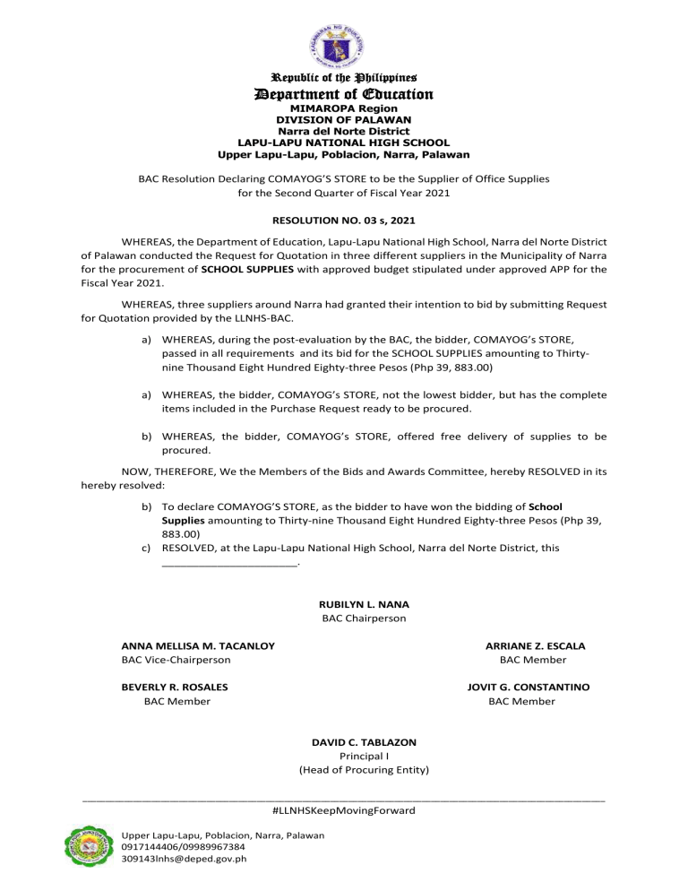 BAC Resolution: School Supplies Procurement