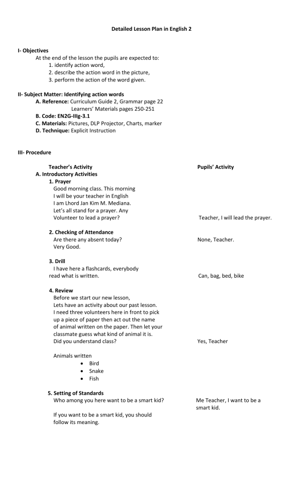 English Lesson Plan: Identifying Action Words (Grade 2)