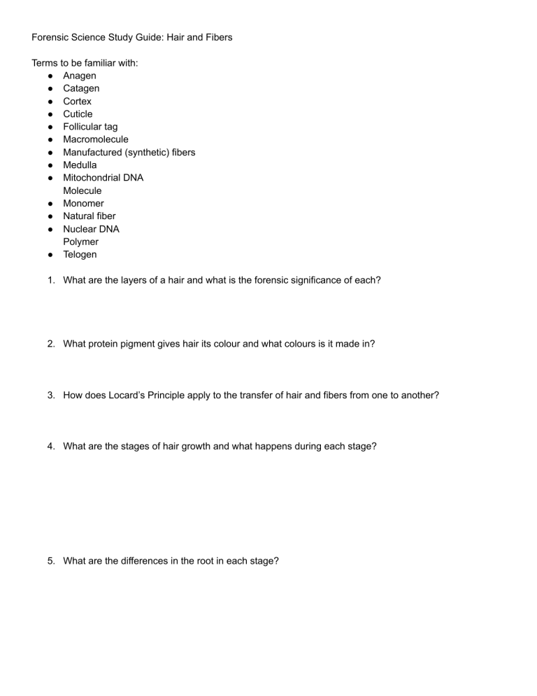 Forensic Science Study Guide: Hair and Fibers