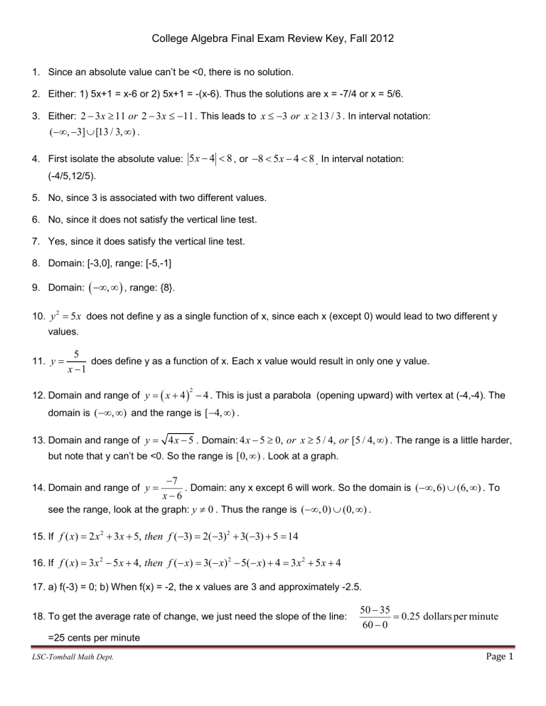 College Algebra Final Exam Review Key