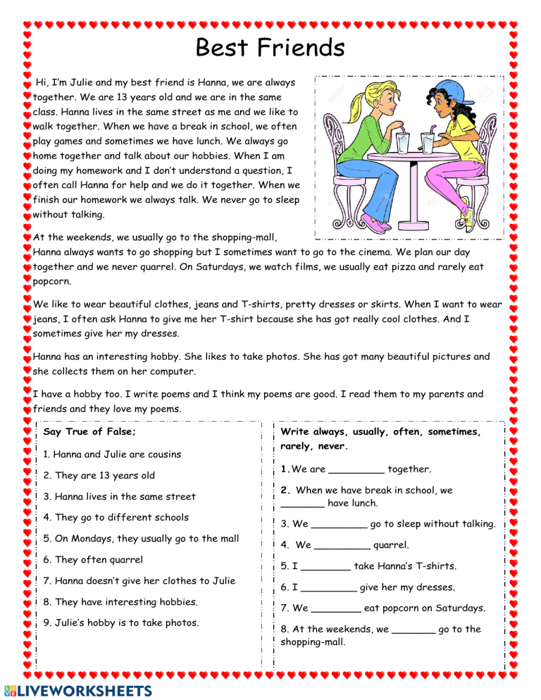 Best Friends Reading Comprehension Worksheet