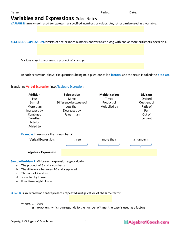 Variables & Expressions Guide Notes